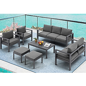 AECOJOY Aluminum Patio Furniture Set, Modern Outdoor Patio Furniture with Coffee Table, 7 Pieces Outdoor Conversation Set with Navy Blue Cushions for Balcony, Porch, Lawn and More