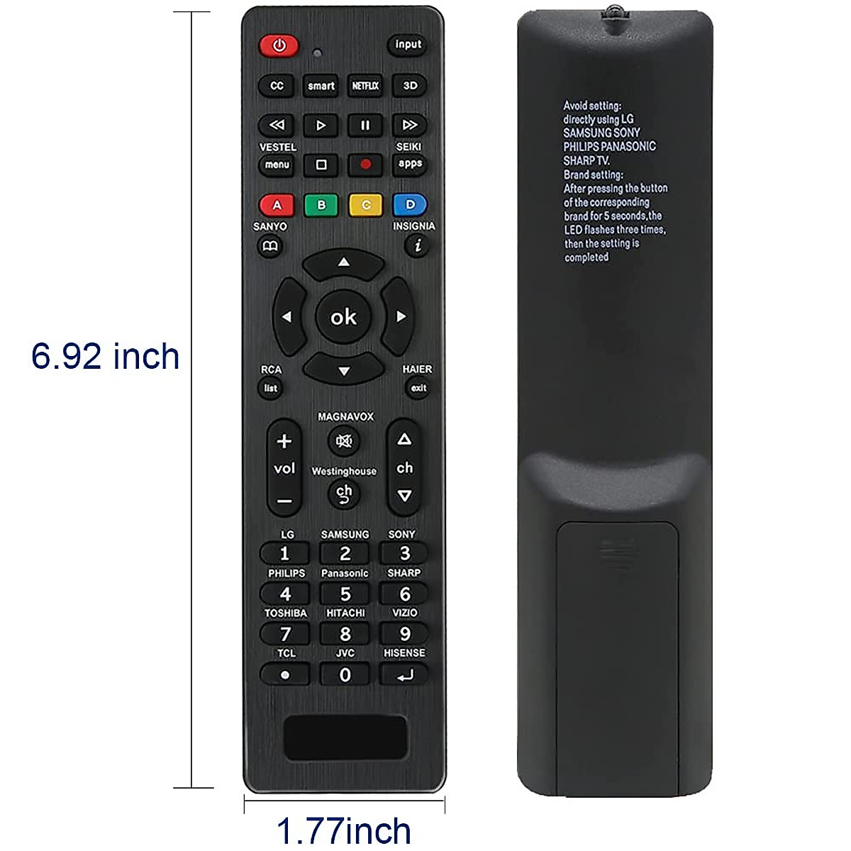 Amiroko Universal TV Remote Control for LG, Samsung, Sony, Philips, Panasonic, Sharp, Toshiba, Hitachi, Vizio, TCL, JVC, Hisense, Vestel, Seiki, Sanyo, Insignia, Magnavox, RCA, Westinghouse Smart TVs