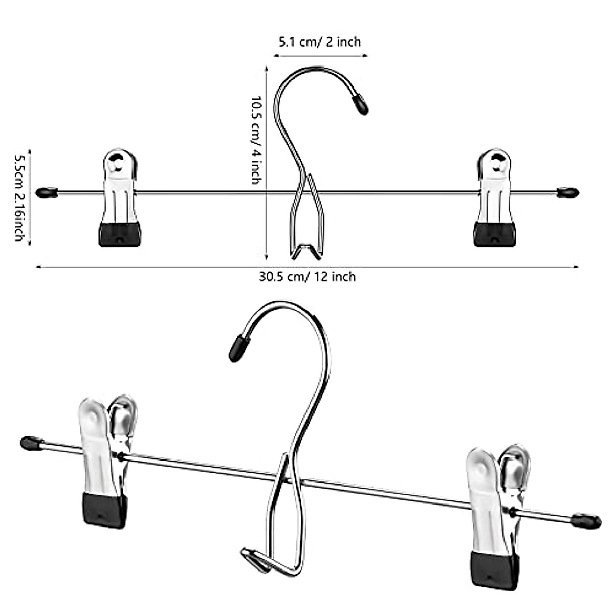 12 Pieces Pant Hangers with Clips Heavy Duty Clip Skirts Hangers Stackable Add on Metal Clothes Hangers with Adjustable Clips Black Rubber Grip Saving Space for Slack Trouser Jeans Towels