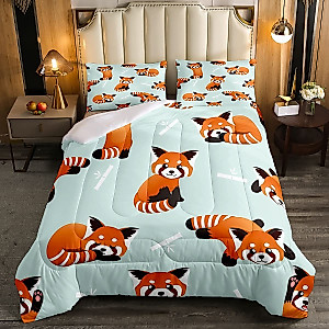 Red Panda Comforter Set Twin Size Cute Animal Pattern Bedding Set for Kids Boys Girls Cartoon Panda Printed Duvet Set Kawaii Wildlife Style Leaves Plant Comforter Set Child Bedroom Decor Teal