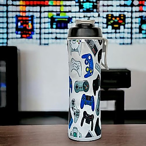 24oz Kids Tritan Water Bottle – Video Game Gamer Theme – BPA-Free, Shatterproof, Lightweight with Hourly Time Markings – Chug Cap & Carry Loop – Reusable for School, Sports & Daily Hydration