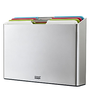 Joseph Joseph Folio Plastic Kitchen Cutting Board Set with Storage Case Color-Coded Easy-Access Design Dishwasher Safe Non-Slip, Large, Silver