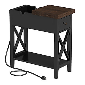 ChooChoo End Table with Charging Station, Accent Small Side Table Nightstand for Living Room, Bedroom, and Small Spaces, Rustic Black