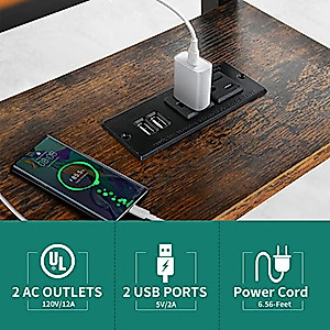 YITAHOME Height Adjustable Table with Charging Station, Portable Desk with Wheels, Small Standing Rolling Computer Desk with Tiltable Tabletop and Storage Bag, Brown