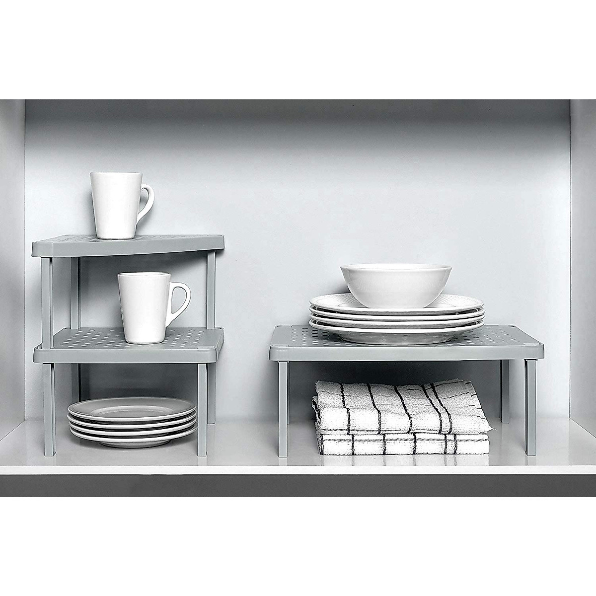 Level Collection Stackable, Kitchen Cabinet and Pantry Organizer, Modular Shelves- Set of 4 Shapes (Gray)