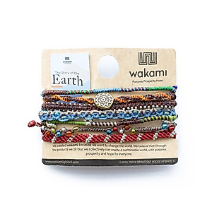 Wakami Earth Handmade Boho Bracelets Set of 7 | Braided Indie Bracelets for Women and Men | Beaded, Stackable, Handmade by Artisans, Waterproof Waxed Thread | EARTH