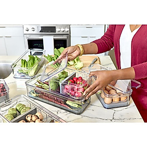 iDesign Crisp Produce Plastic Refrigerator and Modular Stacking Pantry Bin with Lid and Removable Inner Basket, Perfect for Washing Vegetables, Fruit, Lettuce, BPA Free 15.72" x 6.32" x 3.76"