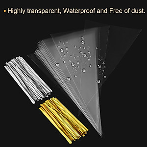 uxcell 200 Pcs Cone Cello Bags, Clear Flat Plastic Cello Treat Bags with Gold/Silver Twist Ties Candy Bags Cookie Bags for Christmas Snacks Candy Cookie Sweet