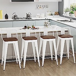 WENTMENT Metal Bar Stools Set of 4 Counter Height Bar Stools Barstools with Removable Back 24" Kitchen Bar Stools with Wooden Seat, White