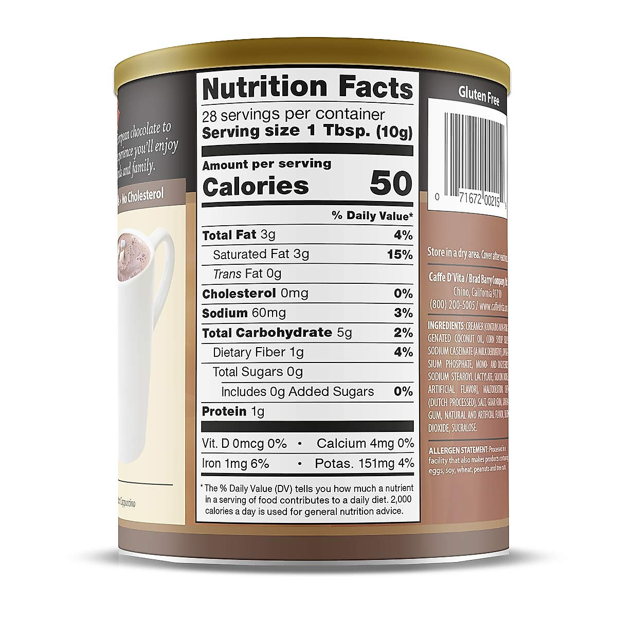 Caffe D’Vita Sugar Free Hot Cocoa - Pack of 2 - 10 oz. cans