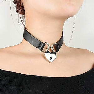 Alona Magic Goth Choker Necklaces for Women, Black Choker and Heart Padlock Day Collar with Key, Black PU Leather Choker Collar for Women