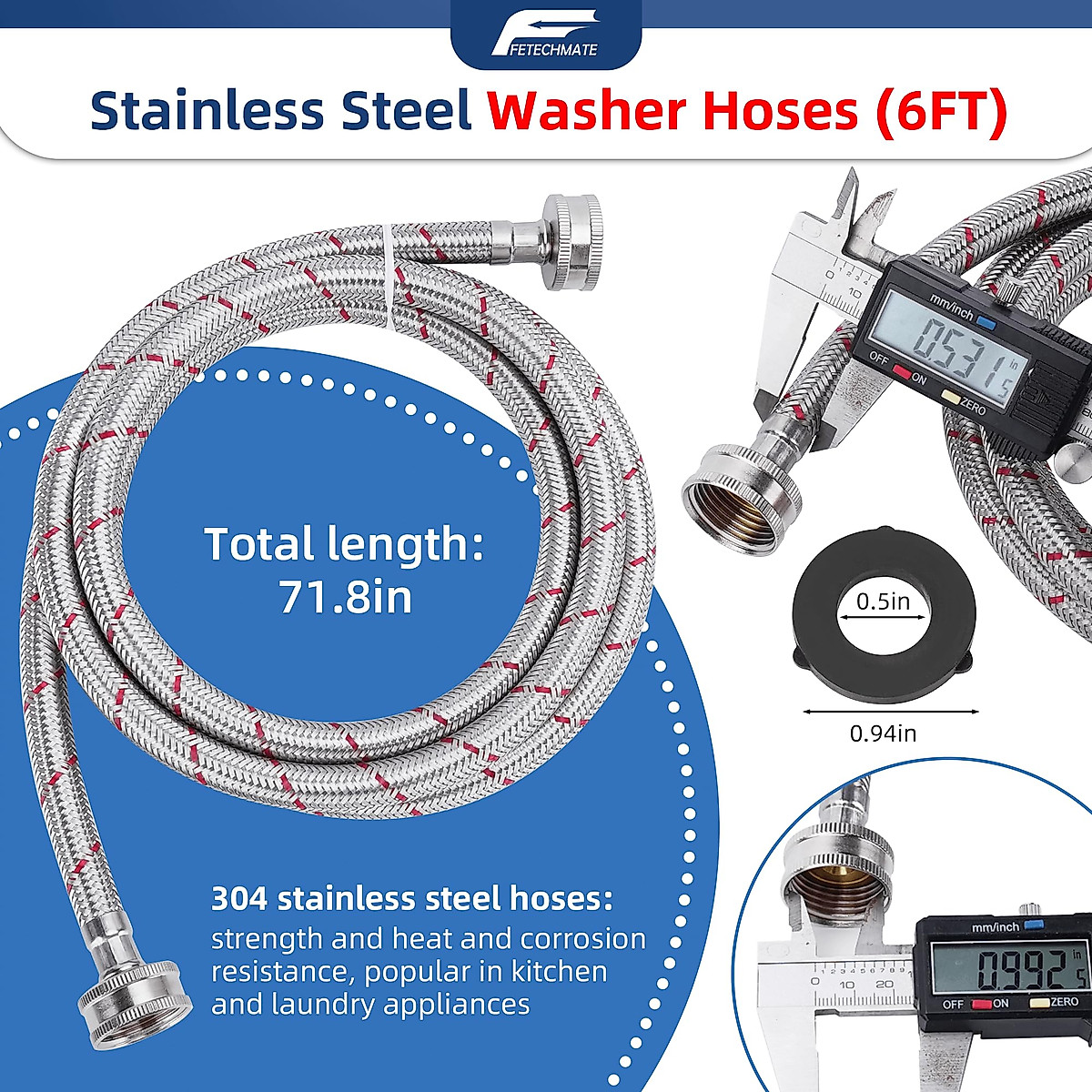 6FT Stainless Steel Washing Machine Hoses 3/4" NPT Connection Red and Blue Braid Water Supply Lines by Fetechmate Hot and Cold Premium Washer Hoses (2 Pack) - 10 YEAR WARRANTY