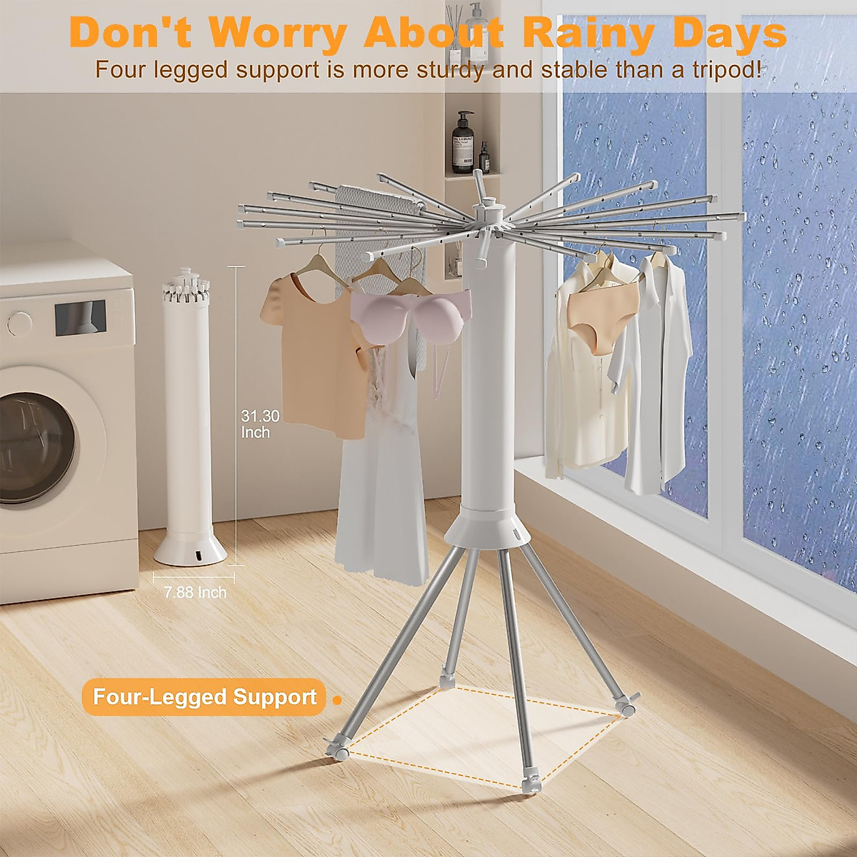 Four-Legged Clothes Drying Rack Foldable, Portable Laundry Drying Rack with 4 Pulleys, Anti-Slip Holes, Windproof Nails, Outdoor Collapsible Drying Rack Clothing, Aluminum Indoor Dry Rack for Clothes
