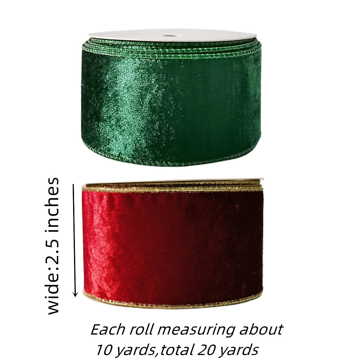 2 Rolls Christmas Velvet Ribbon 2.5 Inches Width Vintage Wide Wired Edge Wrapping Ribbon for Christmas Gift Wrapping, Bow Making（Green,Red）