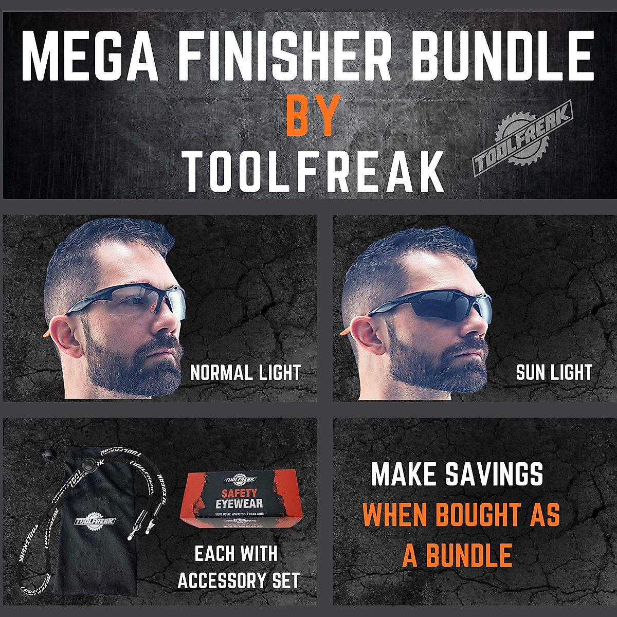 ToolFreak Finisher Safety Glasses Bundle Offer, Clear and Smoke Polycarbonate Lens, Wraparound Lenses with UV and Impact Rating,Neckcord and Carry Pouch
