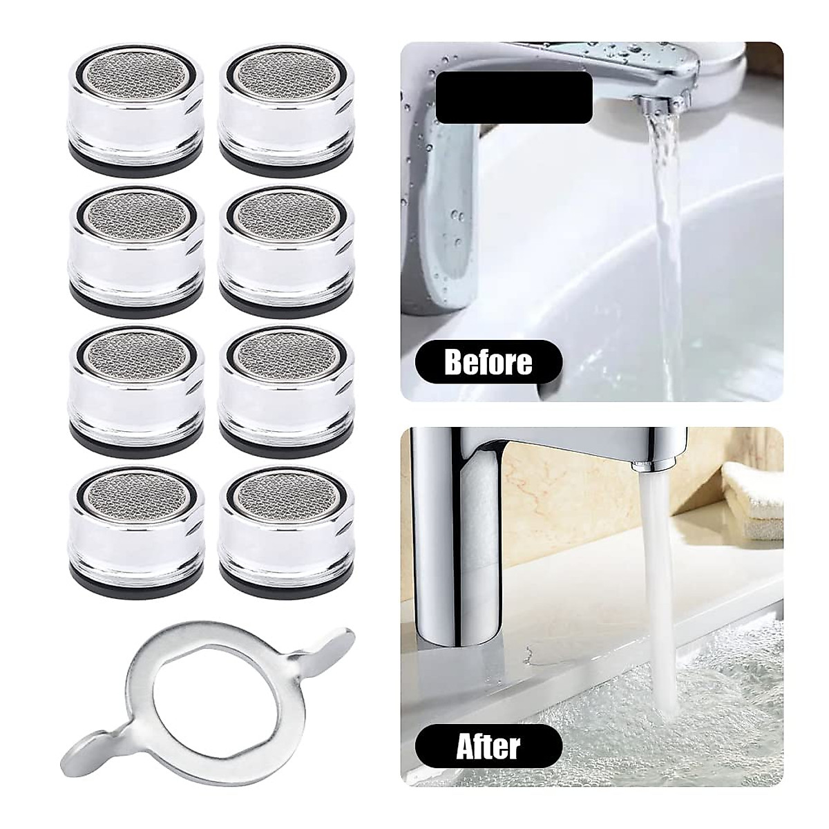 8 Pcs 2.2 GPMBathroom Sink Aerator, Stainless Steel Core Brass Shell Sink Aerator with Washers and Wrench 15/16-Inch 24 mm Male 2.2 GPM Threads Universal Faucet Aerator Standard Parts Replacement