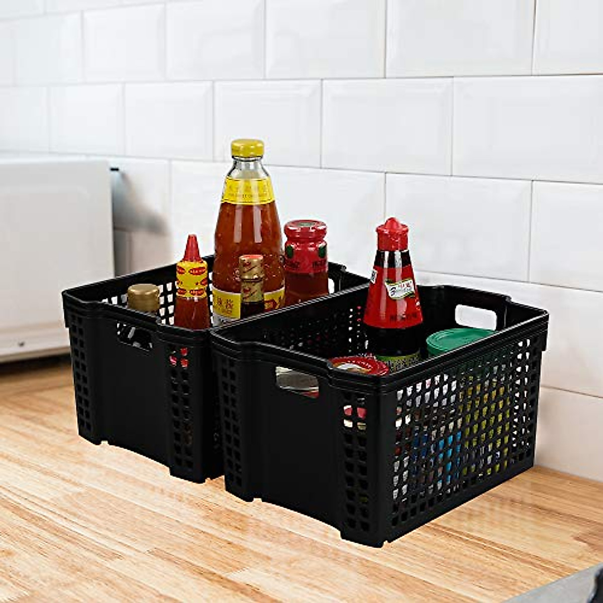 Yubine Black Plastic Storage Basket, Stacking Baskets Bin, 6 Packs