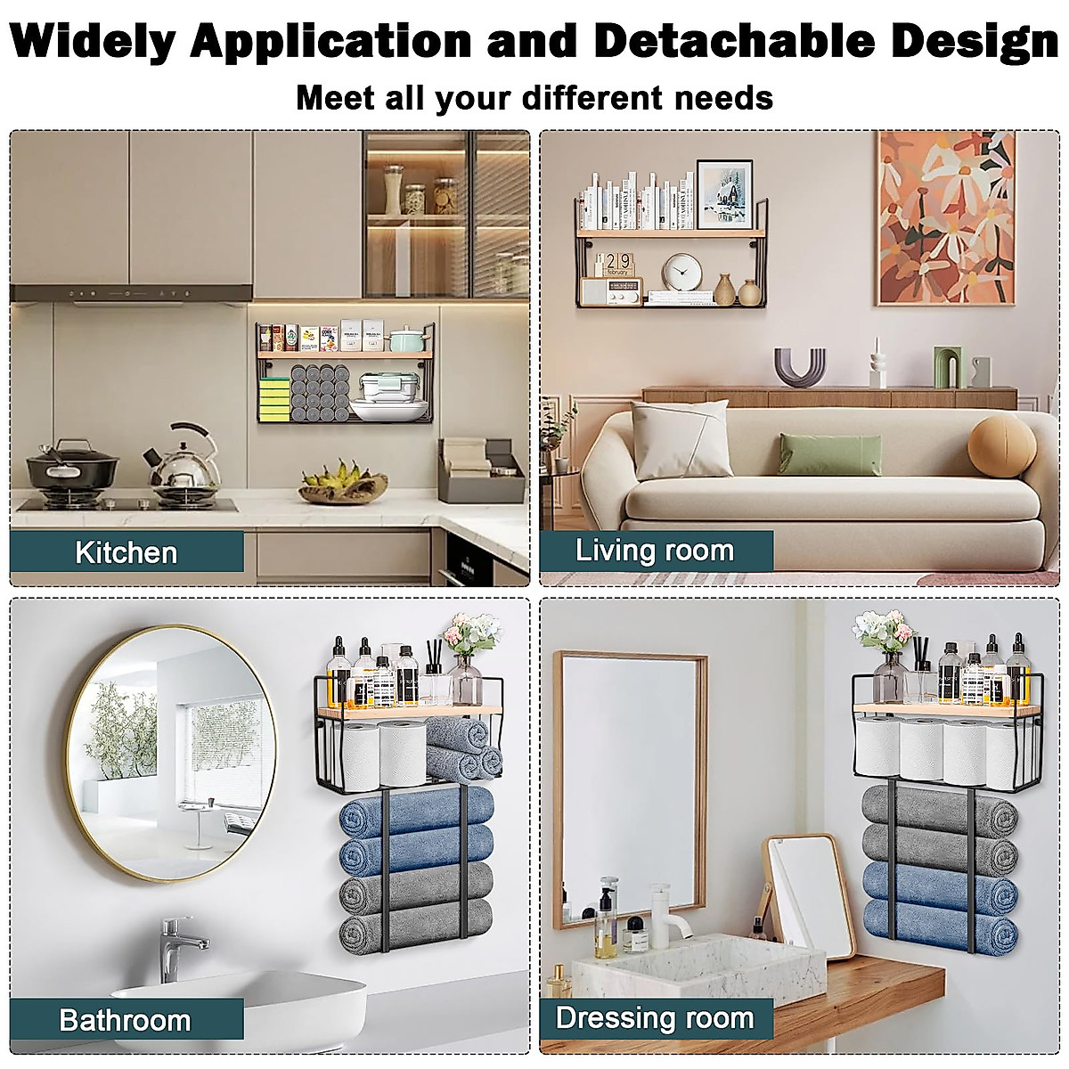 Livabber Towel Racks for Bathroom, Metal Towel Storage Holder for Roll Towels, Wall Mounted Towel Organizer with Storage Basket and Wooden Shelf for Small Bathroom (Black)