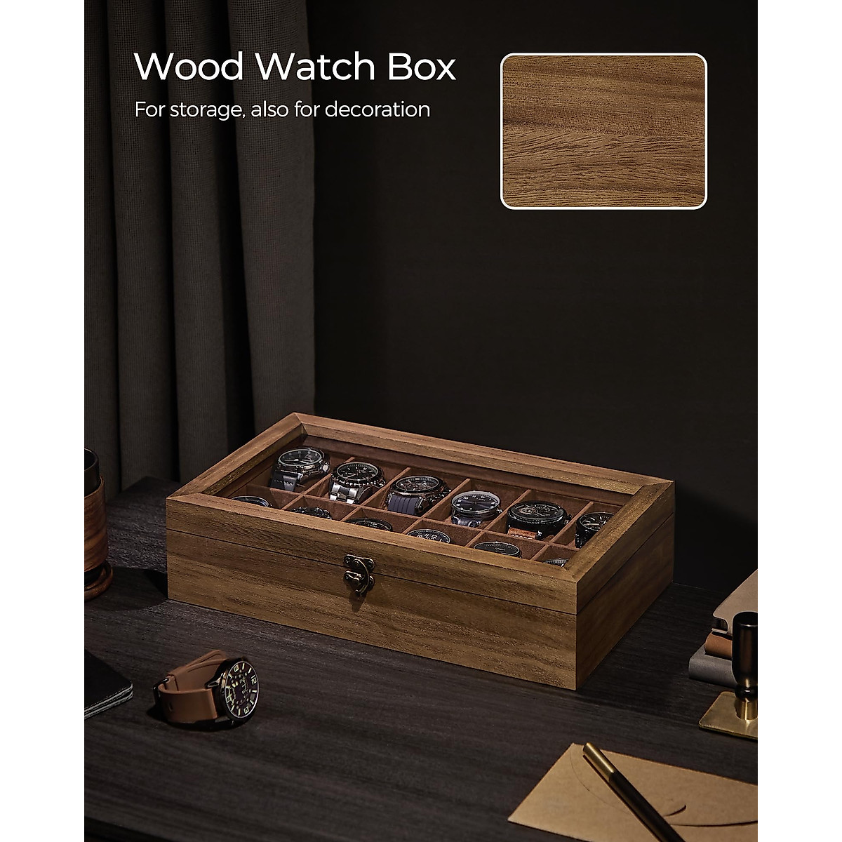SONGMICS Watch Box, 12-Slot Watch Case, Solid Wood Watch Box Organizer with Glass Lid, Watch Display Case with Removable Pillows, Gift for Loved Ones, Rustic Walnut UJOW120K01