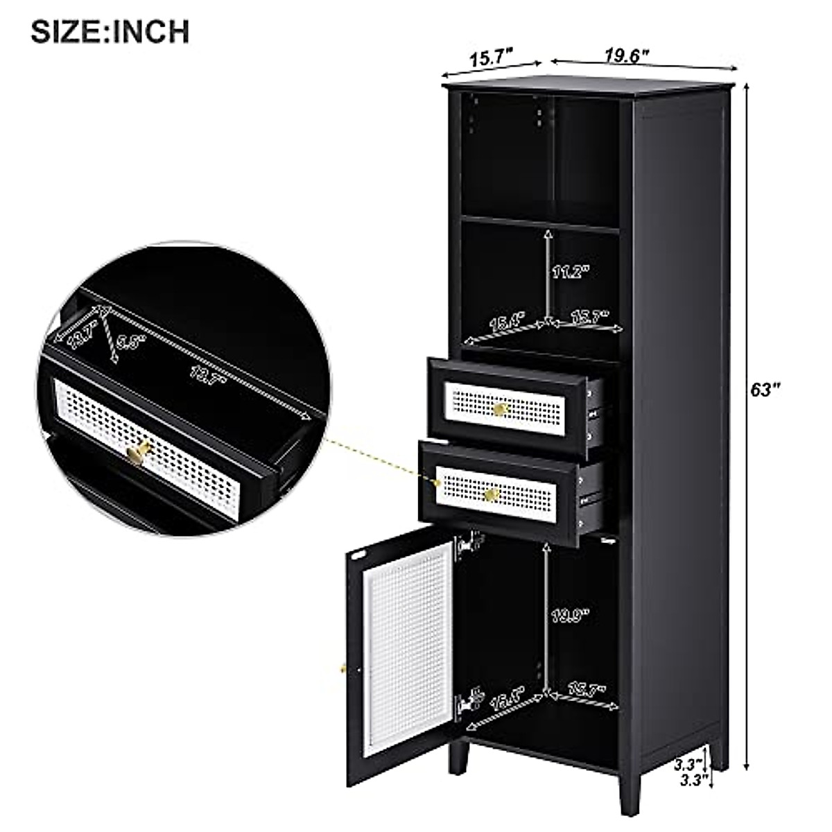 IMGDD Boho Style Slim Tall Cabinet with Rattan Door, Mid Century Modern Tower Cabinet Up to 63", Country Style Freestanding Organizer with Metal Handles for Living Room, Bedroom, Bathroom (Black)