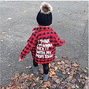 Toddler Baby Boys Girls Flannel Plaid Shirt Long Sleeve Lepel Button Down Back Letters Print Shacket Coat Top (Red Kick It with Mom,1-2 Years)