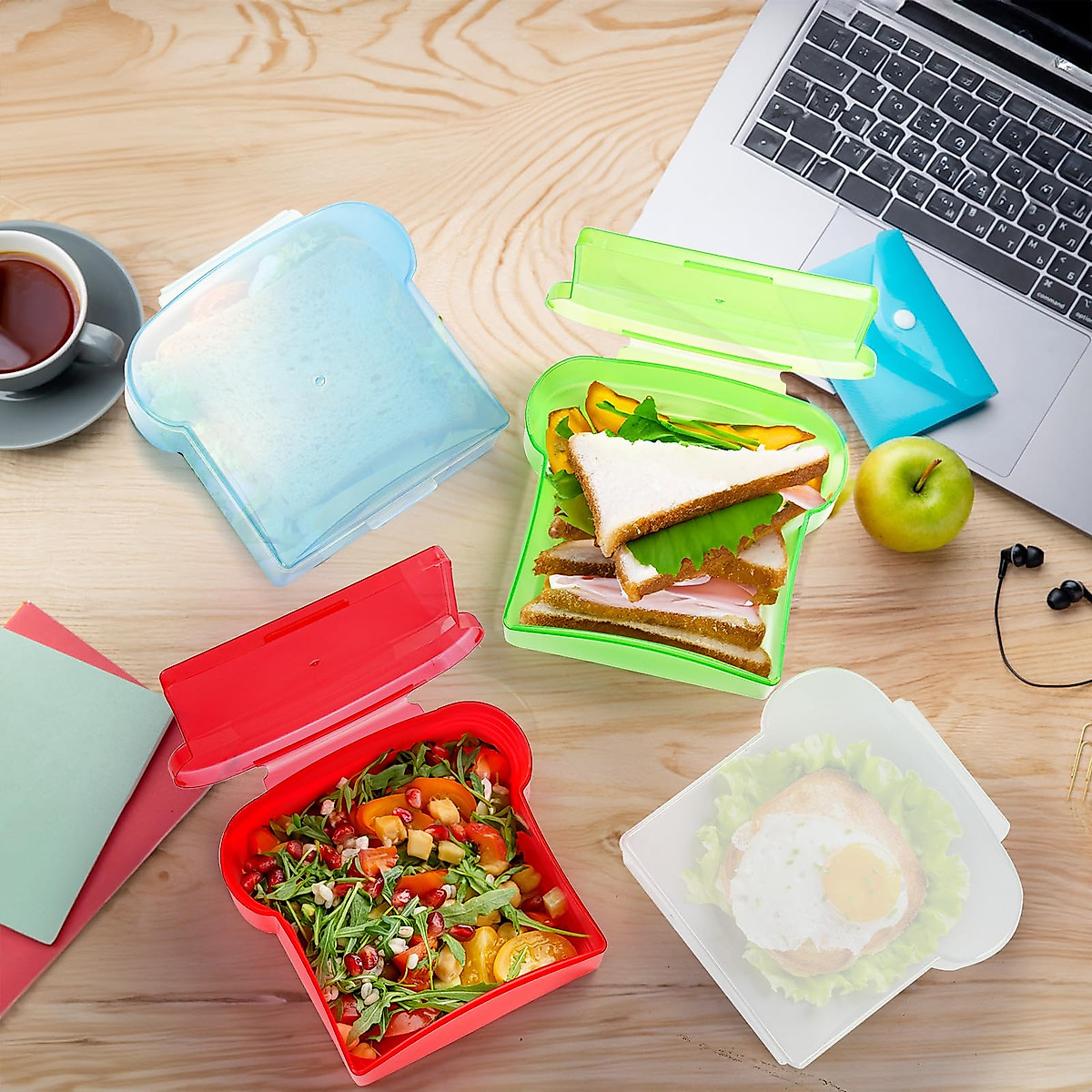 Nicunom 8 Pack Sandwich Containers, 20 Oz Toast Shape Sandwich Box Food Grade PP Lunch Boxes, Sandwich Storage Containers for Snack Meal Prep, Microwave & Freezer Safe, 4 Color