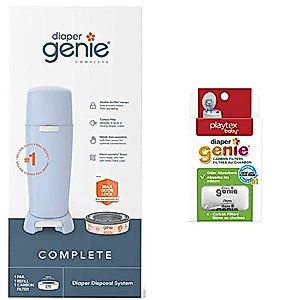 Diaper Genie Complete Diaper Pail (Blue) with Antimicrobial Odor Control, 1 Carbon Filter & Carbon Filter (4-Pack) | Diaper Pail Odor Eliminator & Deodorizer