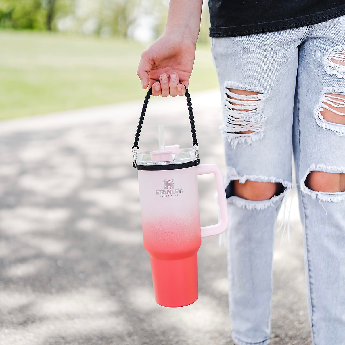 Ryan & Rose Water Bottle Handle - Water Bottle Sling, Carrier, Holder with strap - Soft Durable Silicone - Fits Most 8-40oz Bottles - Compatible Stanley Cup Accessories (Black)