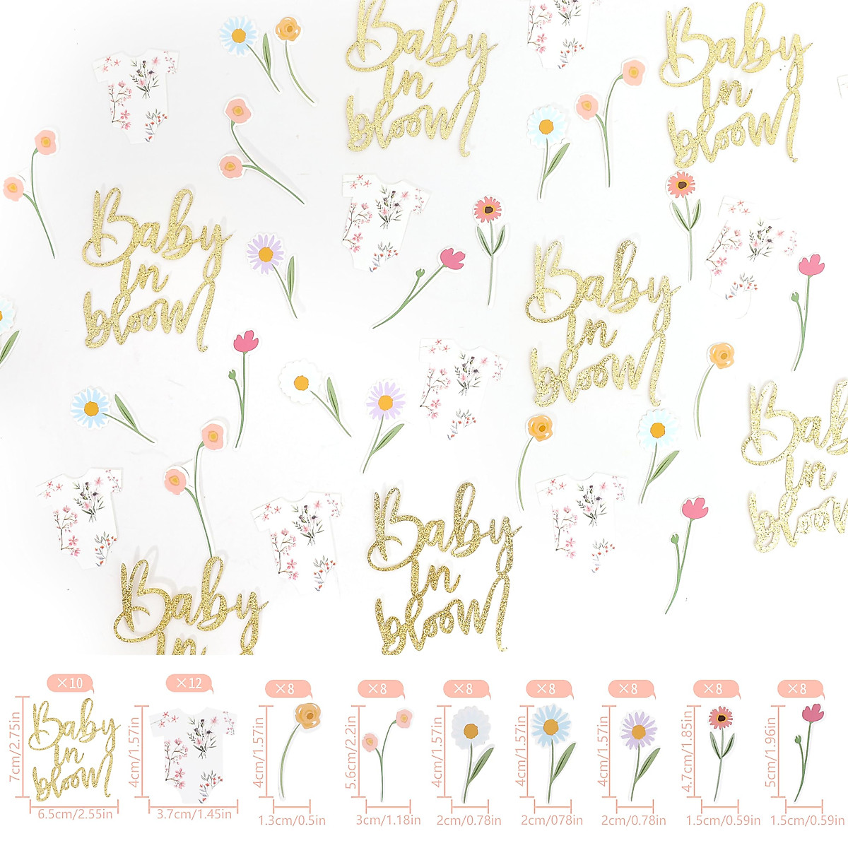 BABY Shower Script Table Confetti - Baby In Bloom Confetti Shower Decor, Floral Bodysuit Scatter Confetti, Flower Baby Gender Reveal Party Decorations, Glitter Confetti Photo Props (BABY GIRL PINK)
