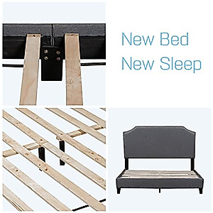 MOOLO Upholstered Platform Bed Frame with Nailhead Trim Headboard and Wood Slats Full Size Dark Grey