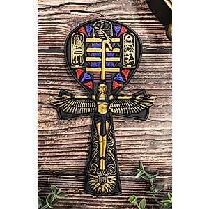 Ebros Crux Ansata Egyptian Ankh Of Isis With Open Wings And Cartouche Hieroglyphs Wall Decor Accent 3D Plaque Figurine 7.5" High Symbol of Life And Balance Gods Of Egypt (Colorful Black And Gold)