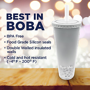 Bumbler 24oz Large Reusable Portable Eco-Friendly Tumbler | Drinking Cup with Wide Soft Tip Straw, Aesthetic Leak-Proof Lid – for Boba Tea, Smoothies, Iced Coffee, Hot or Cold Drinks – White
