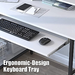 White Desk with Keyboard Tray, 55 INCH Desk with Storage Shelves Modern Computer Desks for Home Office Study Desk with Monitor Shelf Industrial PC Desk Studio Desk with Iron Hooks, Easy to Assemble