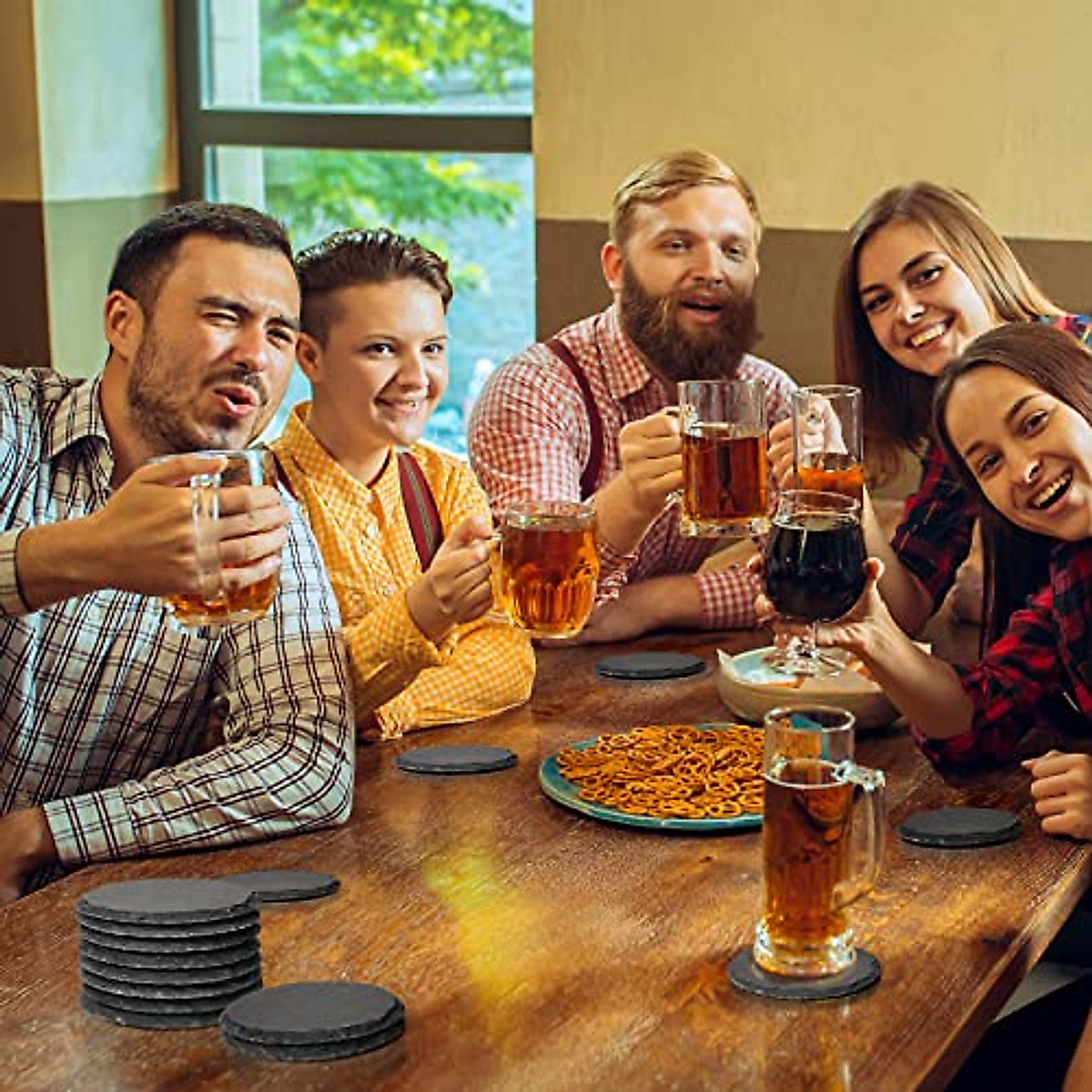 Slate Coasters, MAPRIAL 4 Inch 12 Pieces Round Black Stone Coasters with Anti-Scratch Backing for Bar, Kitchen Home Decor, Table, Cup, DIY, Housewarming Gift