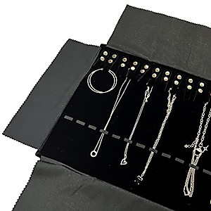 UnionPlus Velvet Travel Jewelry Roll Bag Organizer for Necklaces Bracelets, Extra Large Black with Elastic Band for Necklaces Only