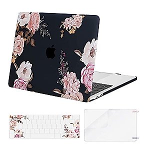 MOSISO Compatible with MacBook Pro 13 inch Case M2 2023, 2022, 2021-2016 A2338 M1 A2251 A2289 A2159 A1989 A1708 A1706, Plastic Peony Hard Shell Case&Keyboard Cover&Screen Protector, Black