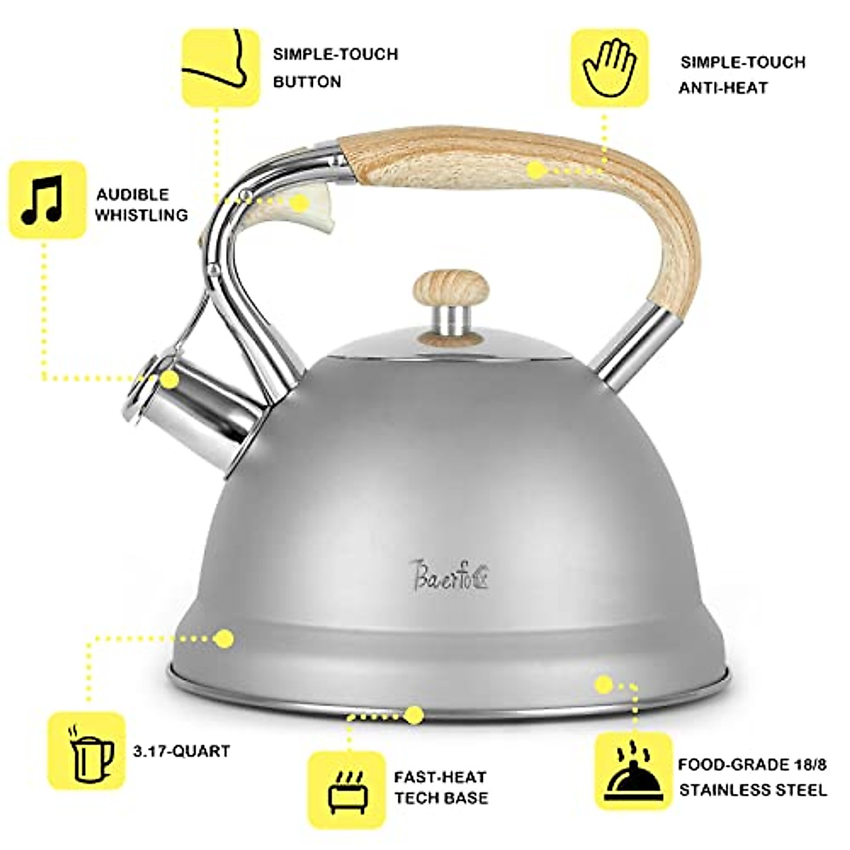 BAERFO 3.17 QT Stove Top Whistling Tea Kettle,Stainless Steel Teakettle,Teapot for Stove with Premium Zinc Alloy Silicone Grip(Silver)