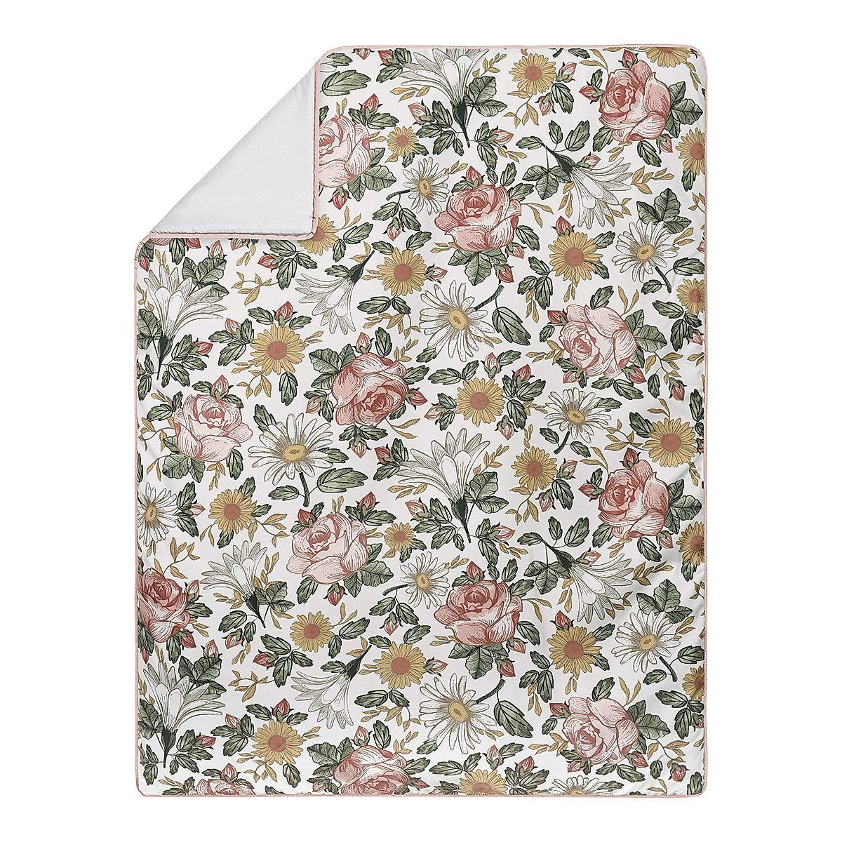 Sweet Jojo Designs Vintage Floral Boho Baby Girl Nursery Crib Bedding Set - 4 Pieces - Blush Pink, Yellow, Green and White Shabby Chic Rose Flower Farmhouse