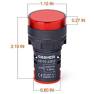 GASHER 12V/24V/110V 20mA Energy Saving LED Indicator Light Mounting Hole Size 22mm (7/8 Inch) Green Yellow Red Blue White 10 Pcs