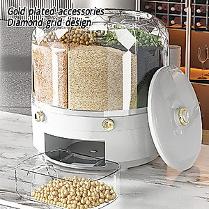 Rice and Grain Storage Container, 6KG Capacity 6 Grid Rice Dispenser, 360° Rotatable Food Storage Container, One Click Button Dry Food Storage Box Rice Bucket for Cereal, Grain, Beans(White)