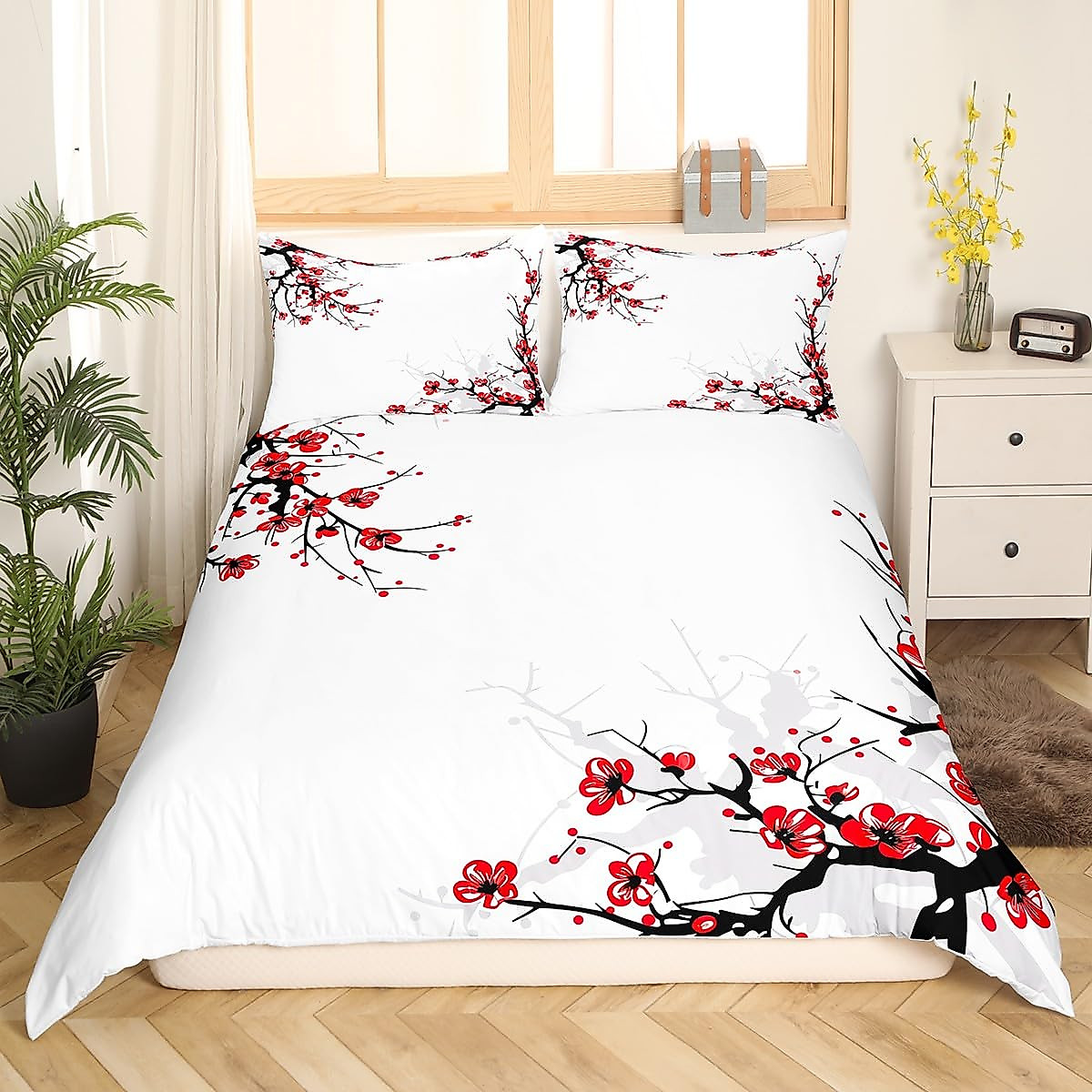 Japanese Duvet Cover Twin Size,Kids Girls Spring Cherry Blossom Comforter Cover Asian Botanic Themed Pattern Fresh Organic Art Bedding Set, Branch of Red Flowers Decorative Bedspreads White Black