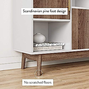 Nathan James Ellipse Multipurpose Storage Cabinet with Display Shelves and Doors, Entryway Modern Buffet or Kitchen Sideboard with Glam Gold Brass Accent, TV Stand, White