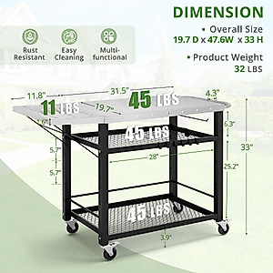 LUE BONA 43.3" W x 19.7" D Outdoor Grill Cart Table with Foldable Side Table, Movable Pizza Oven Stand for Outside Patio, Three-Shelf Stainless Steel Flattop Outdoor Cooking Prep Table with Wheels