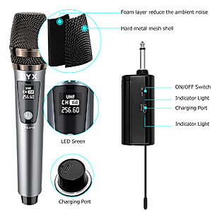 JYX Wireless Microphone, Dynamic Microphone for Karaoke with Receiver and Anti-Slip Ring, 80ft Transmission Distance, Rechargeable Mic System for Karaoke Night, Meeting, Compere, Party