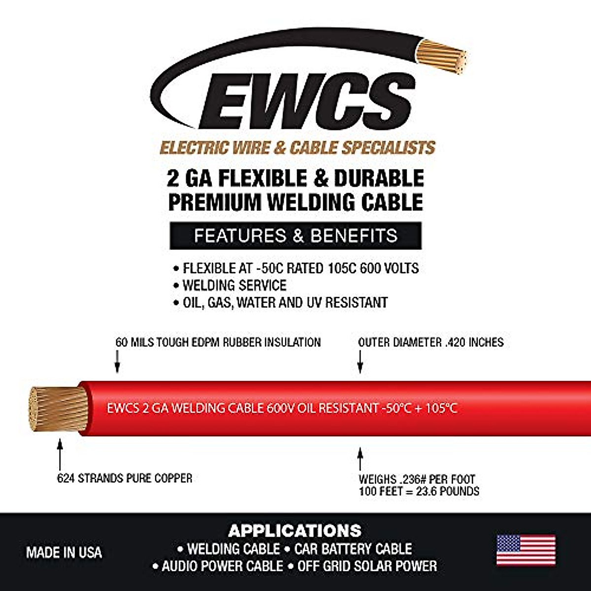 EWCS 2 Gauge Premium Extra Flexible Welding Cable 600 Volt - Red - 25 Feet - Made in The USA