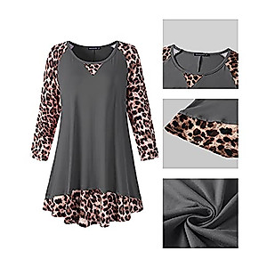 MONNURO Women's Plus Size 3/4 Sleeve Shirts Color Block Casual Loose Leopard Tunic Tops for Leggings(DeepGray,1X)