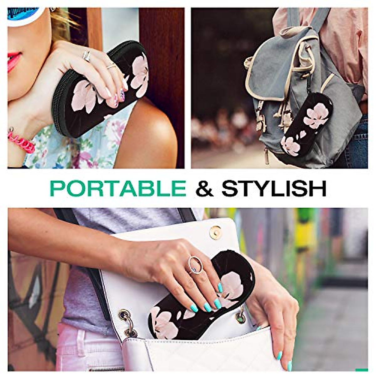 MoKo Sunglasses Soft Case Ultra Light Neoprene Zipper Eyeglass Case with Clip, Black & White Magnolia