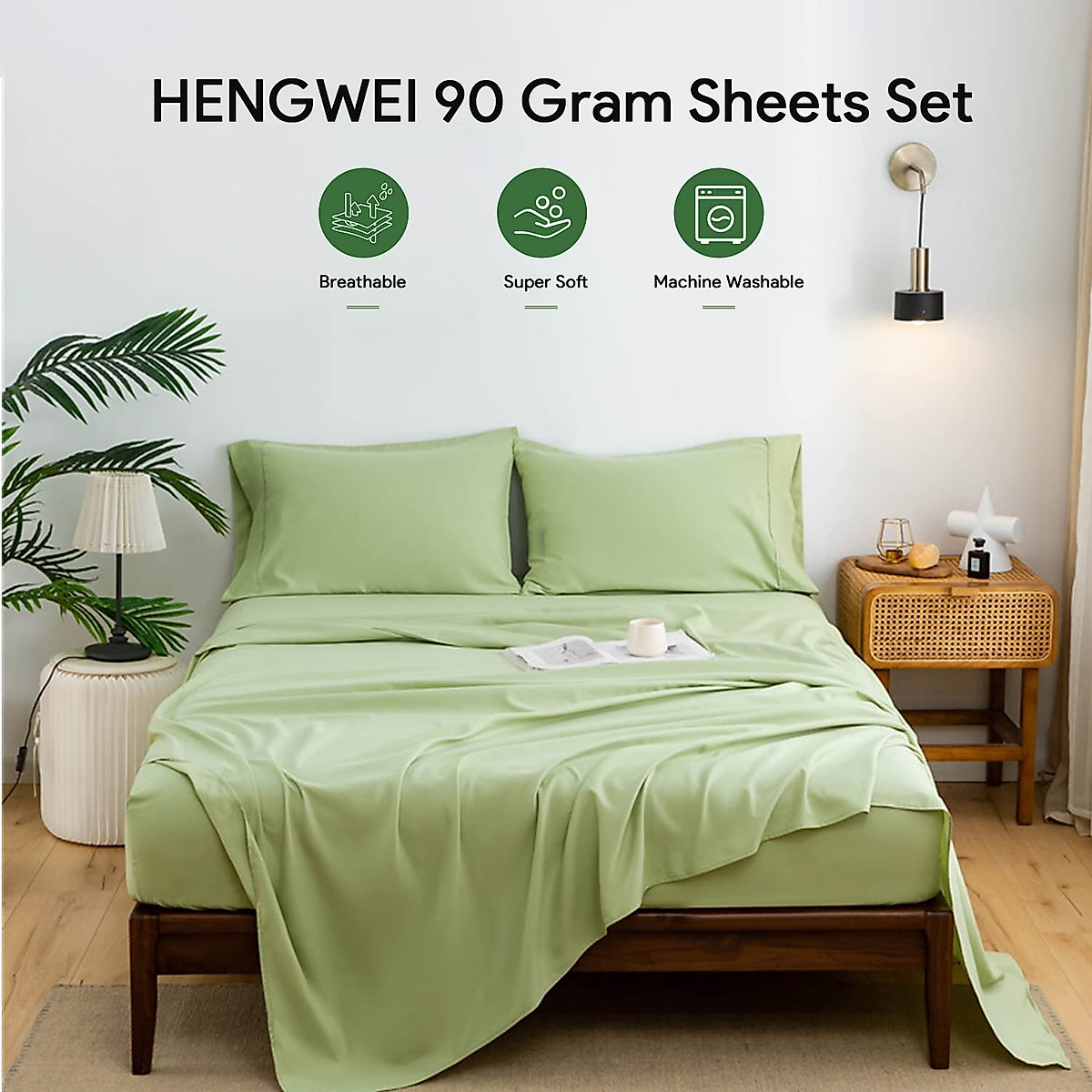 Full Size Bed Sheets Set 4 Piece - HENGWEI Extra Soft Deep Pocket Bedding Sheets & Pillowcases, Brushed Microfiber, Wrinkle Free, Fade Resistant, Breathable - Sage Green