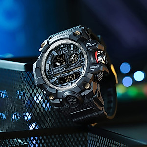 WISHFAN Men’s Military Watch, Dual-Display Waterproof Sports Digital Watch Big Wrist for Men with Alarm (black)
