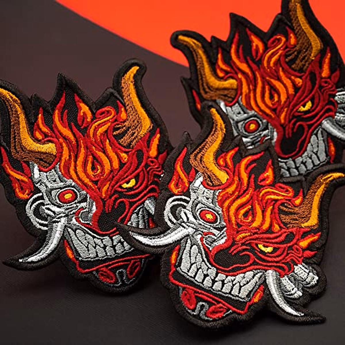 Cyberpunk Oni Demon Patch, Small Embroidered Game Emblem for Cosplay Costume, Iron On 3.3 x 3.7 inches